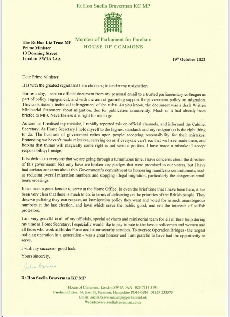Suella Braverman – 2022 Resignation Letter as Home Secretary Sent to ...